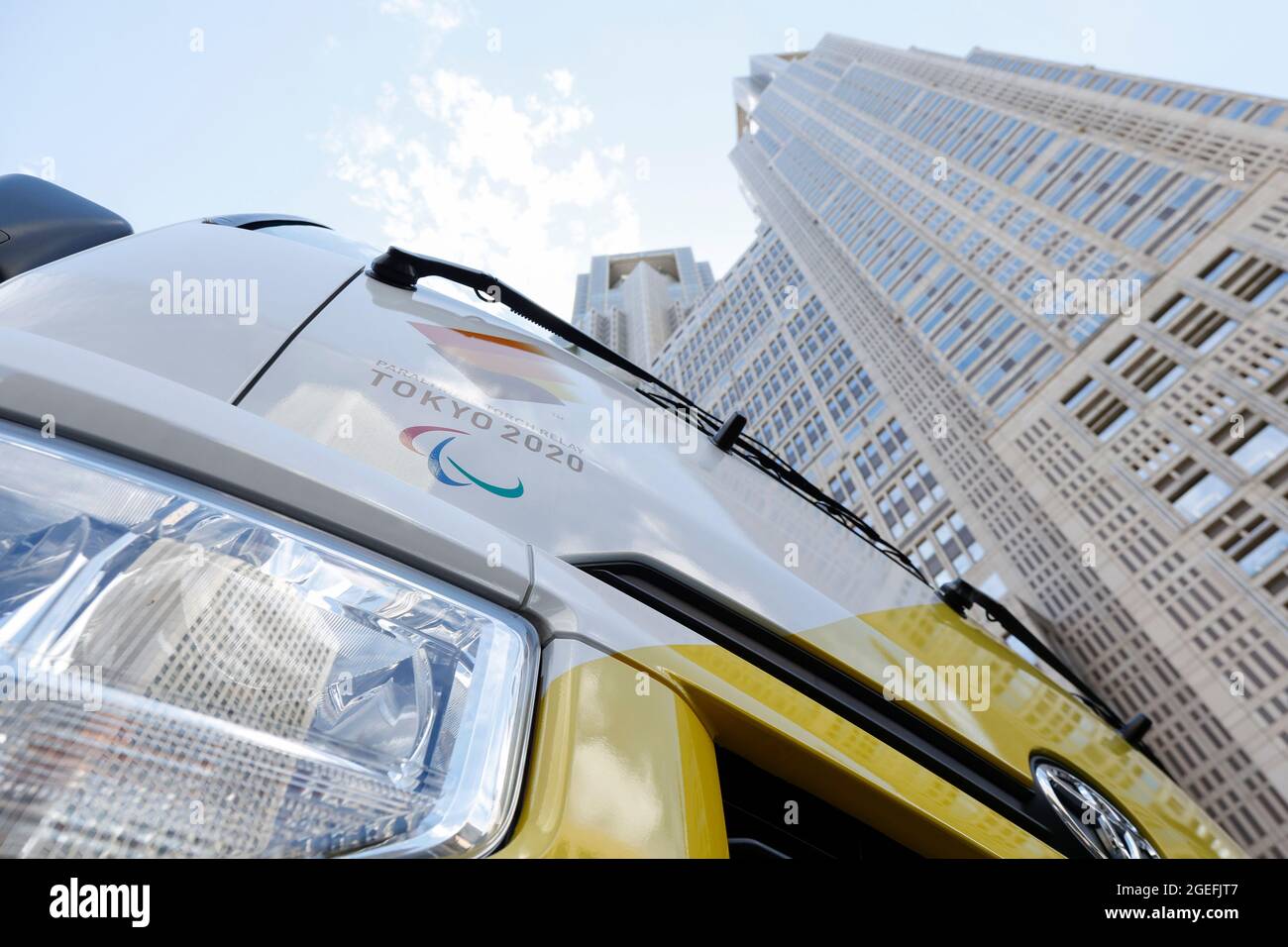 Tokyo, Japan. 20th Aug, 2021. A torch relay bus on display during a ...