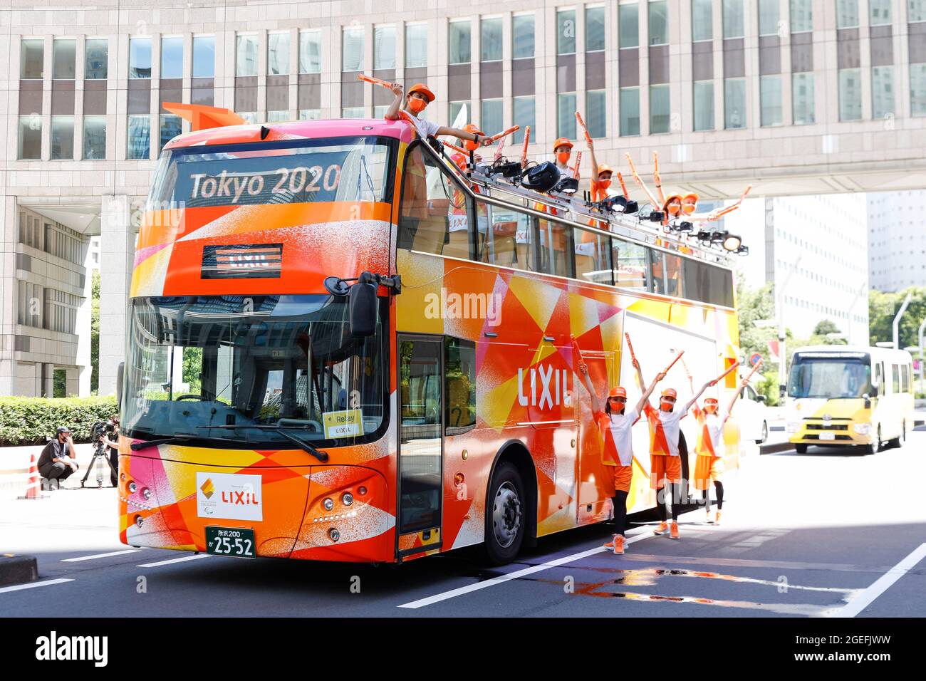 Tokyo, Japan. 20th Aug, 2021. A torch relay bus on display during a ...