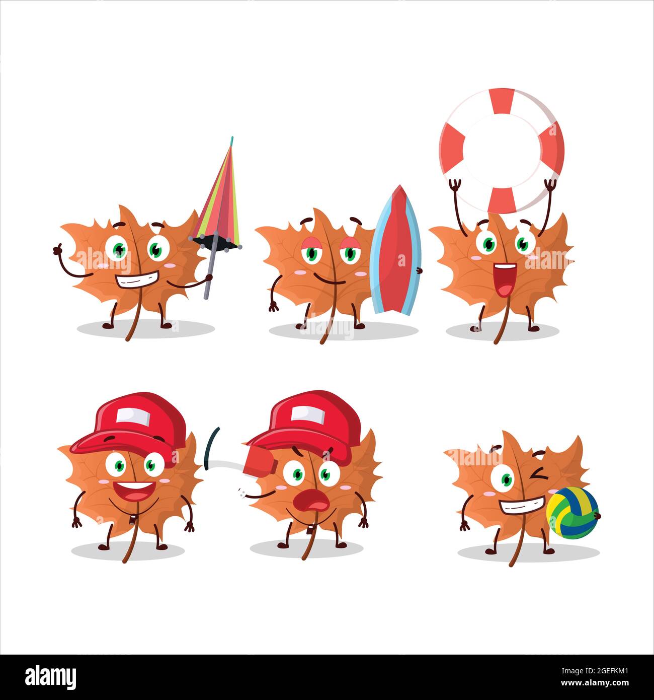 Happy Face maple Leaf cartoon character playing on a beach. Vector ...