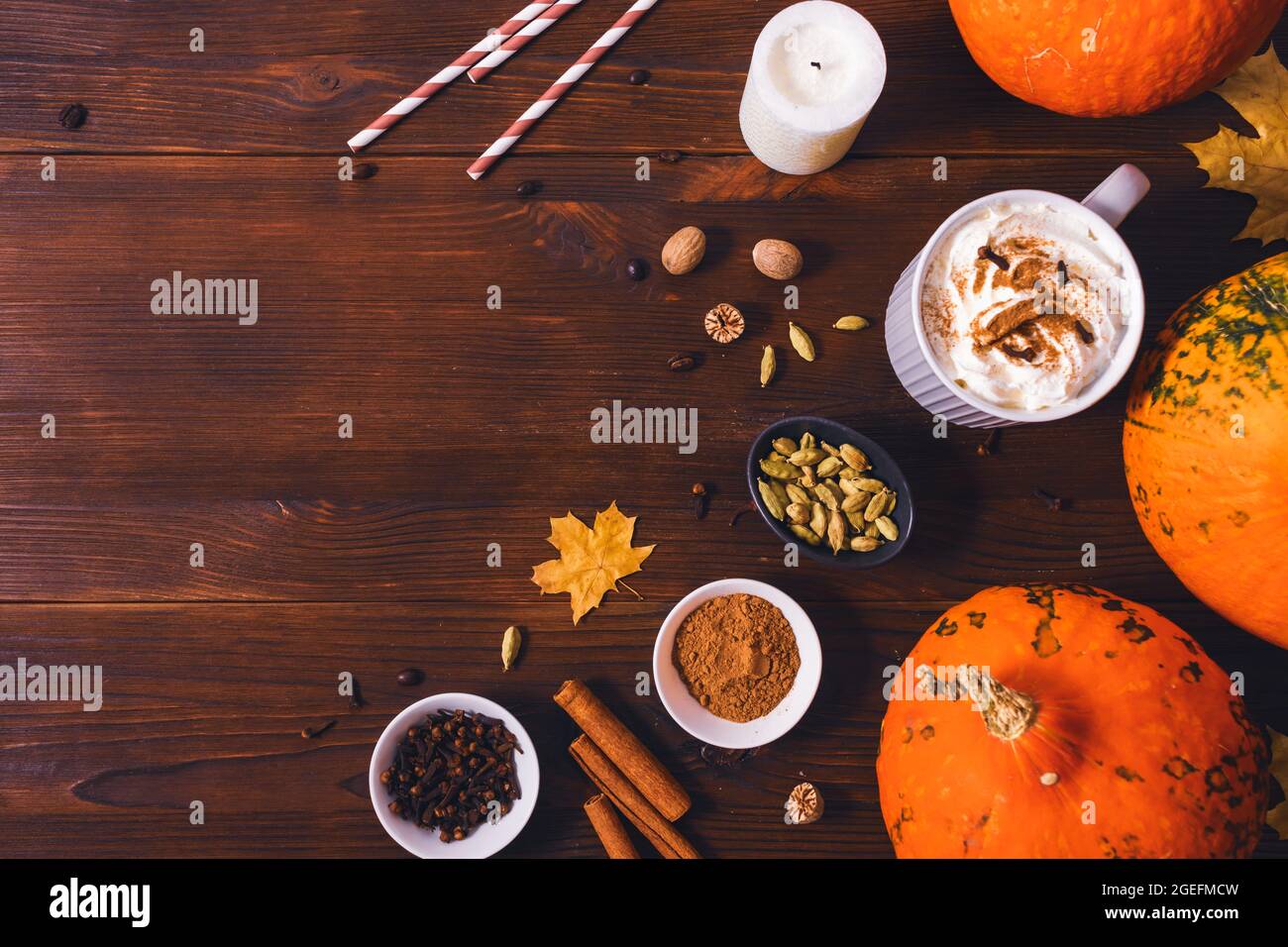 Traditional autumn drink pumpkin spice latte among seasonings of ...