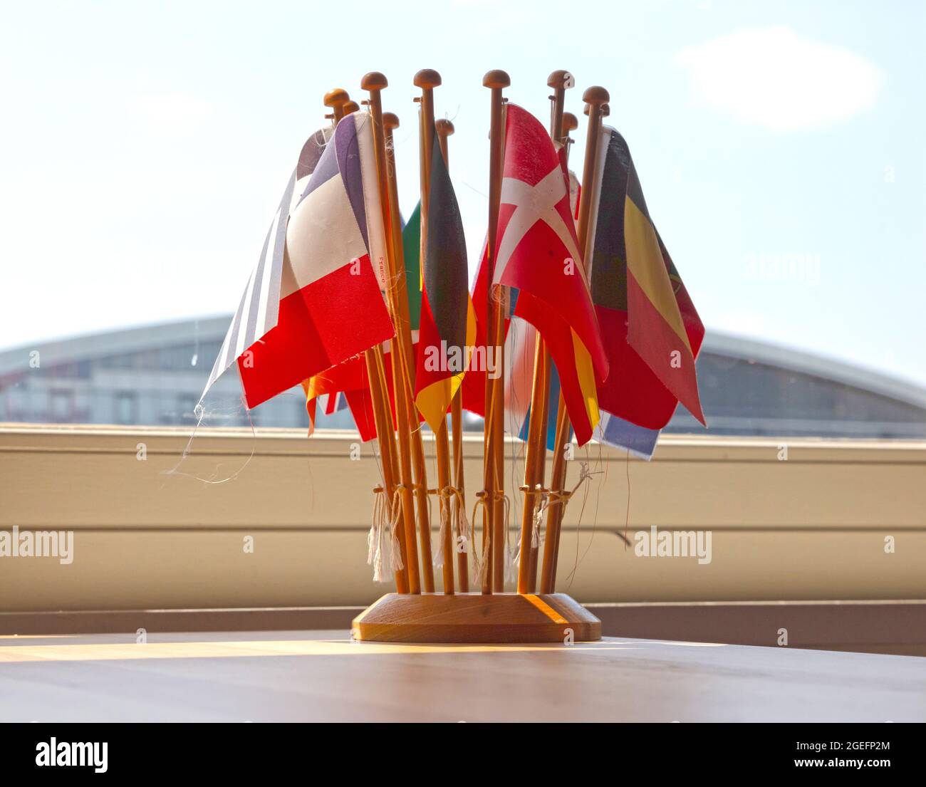 Vintage small flags on a desk, European flags Stock Photo - Alamy