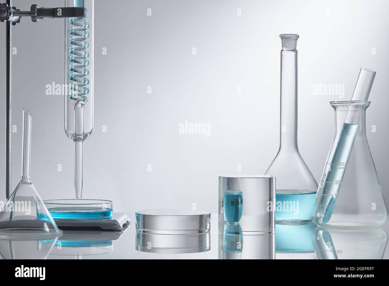 Stage showcase cosmetics on glass pedestal modern in laboratory ...