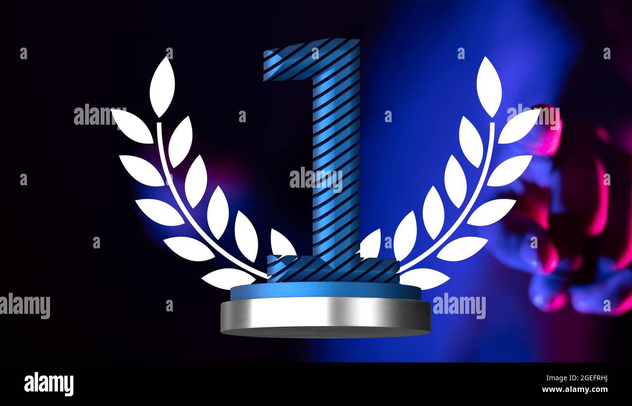 3D rendering of a 1st place award on a blue background Stock Photo - Alamy