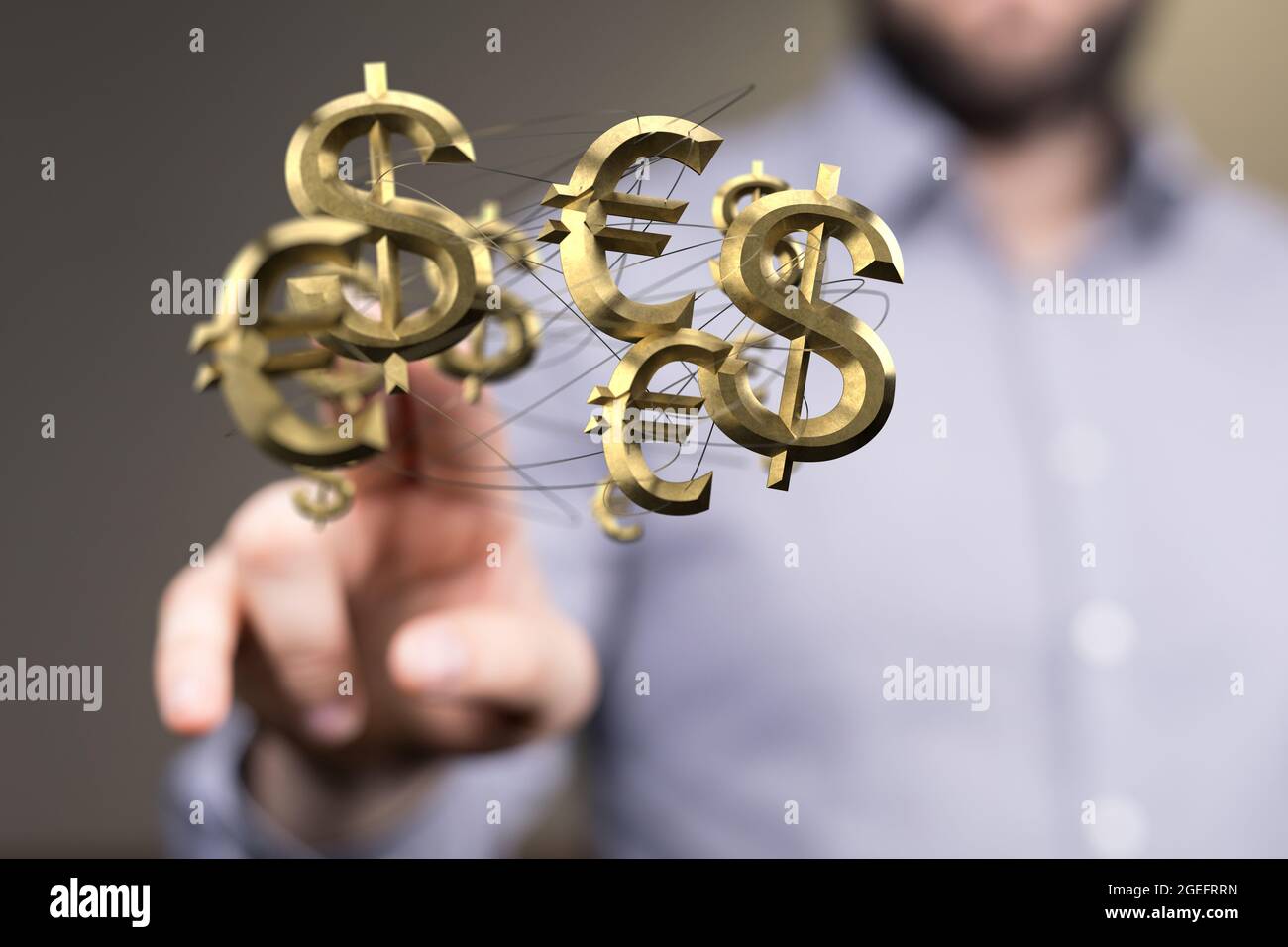 Man presenting virtual projection of digital money connection symbol ...