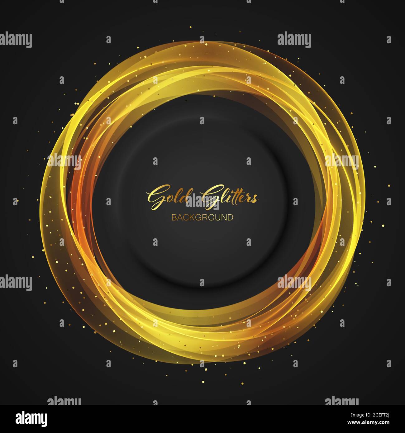 Black background with golden, round, transparent elements.Gold glitter ...