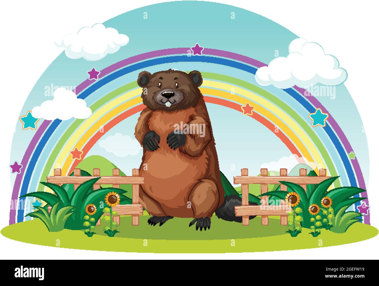 A beaver in the garden with rainbow in the sky illustration Stock ...