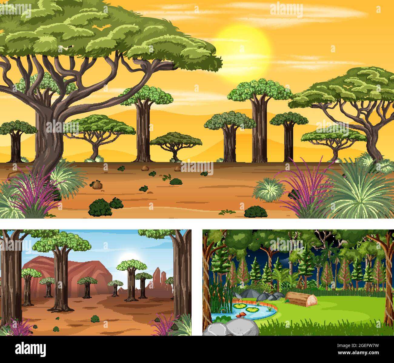 Set of different forest horizontal scenes illustration Stock Vector ...