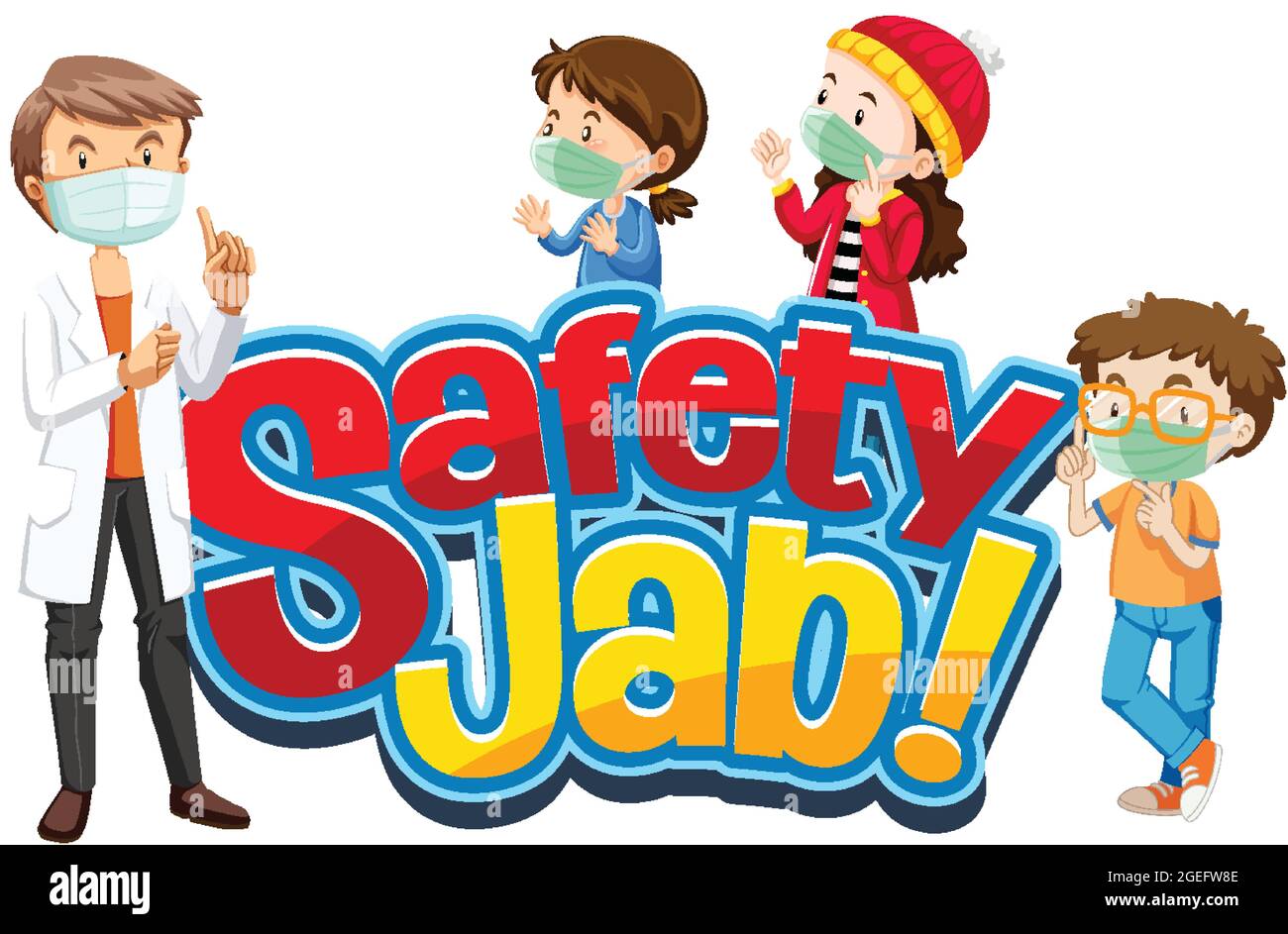 Safety Jab font with children wears medical mask cartoon character ...