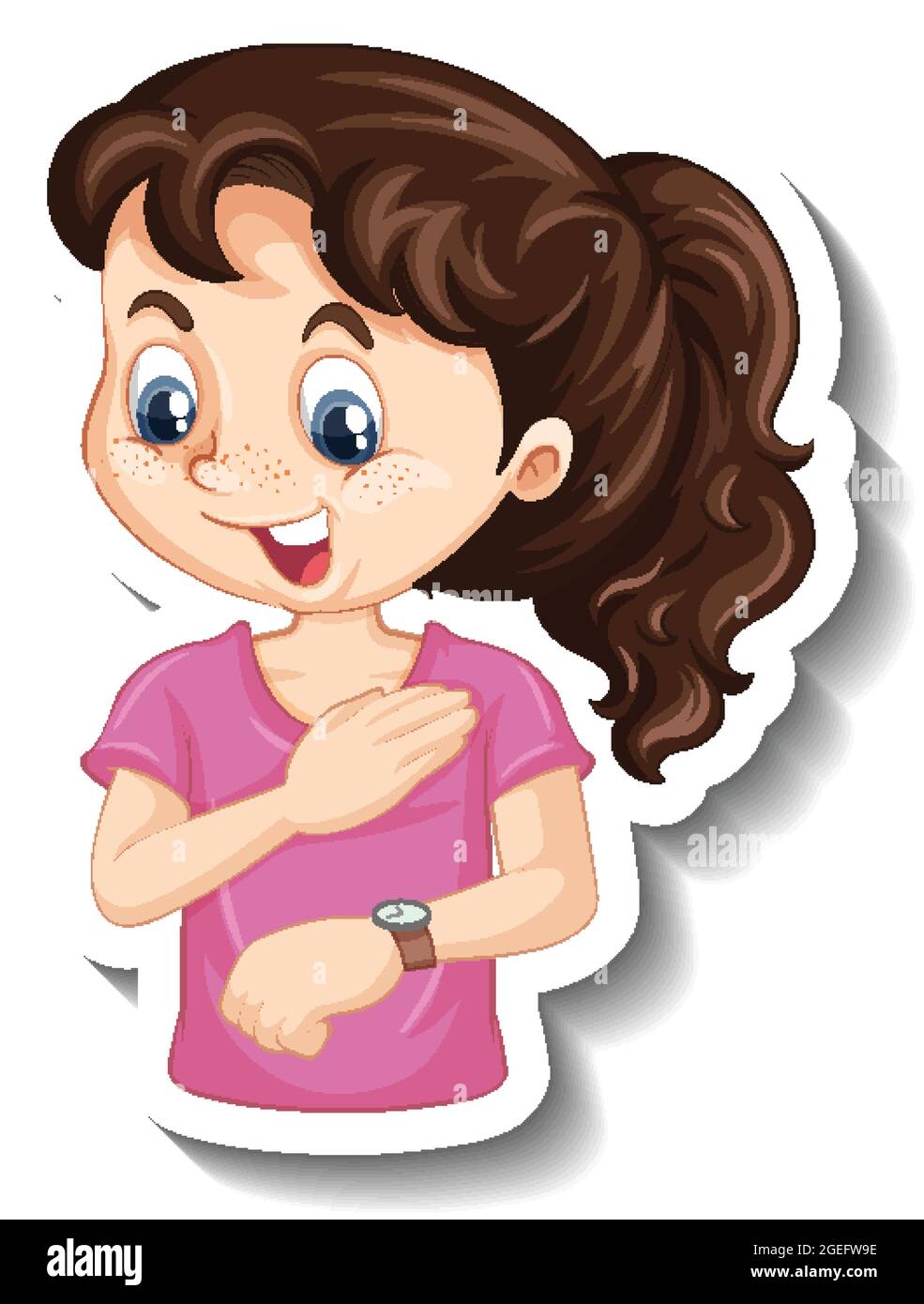 Sticker a girl cartoon character looking at wristwatch illustration ...