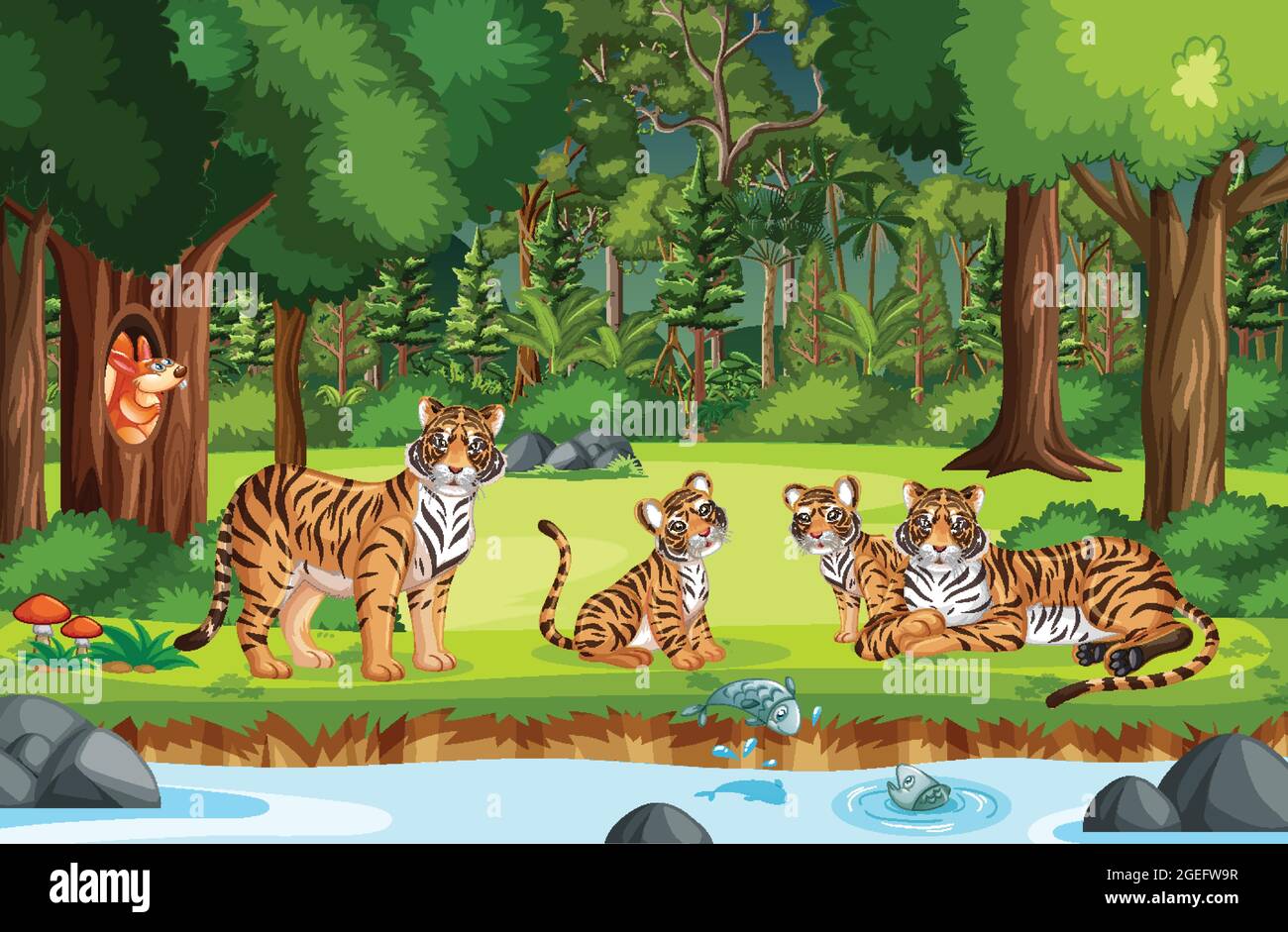 Forest or rainforest scene with tiger family illustration Stock Vector Image & Art - Alamy