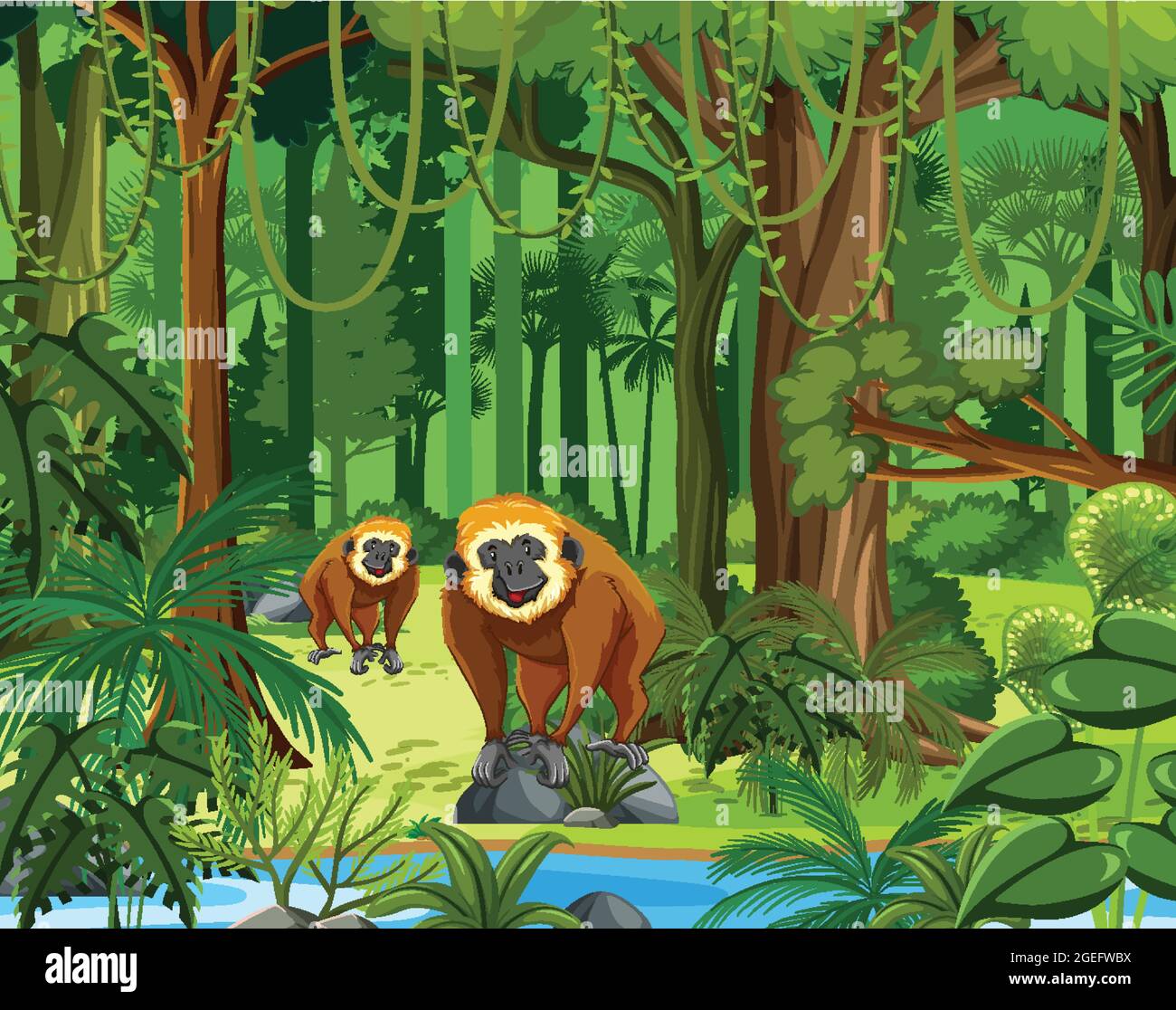 Wild animals with stream flowing through the forest scene illustration ...