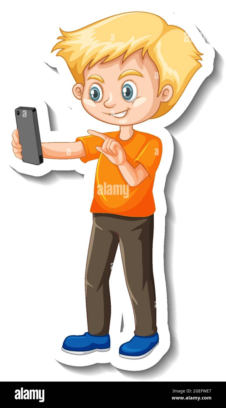 A boy using smart phone cartoon character sticker illustration Stock ...