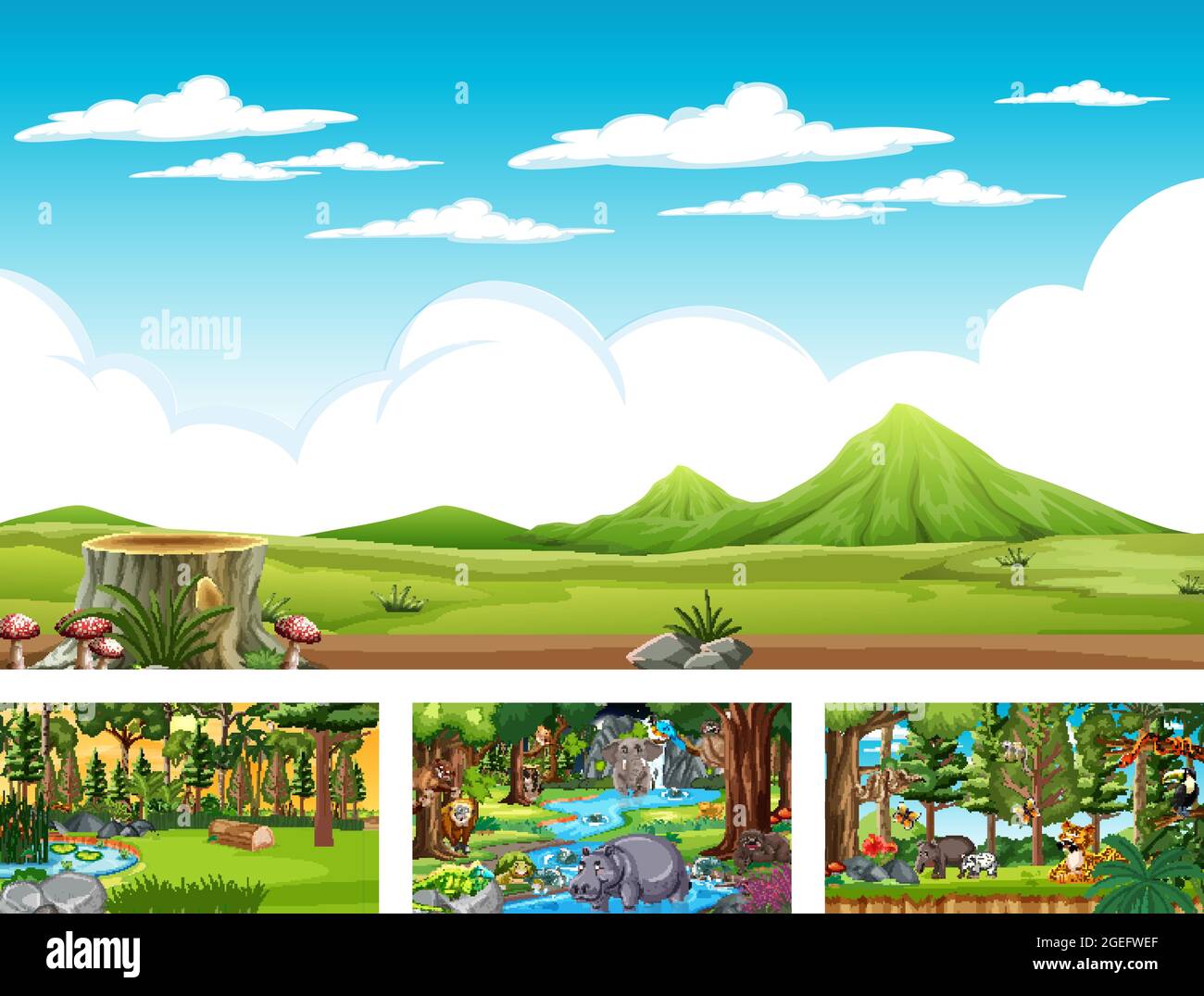 Set of different nature horizontal scene with various wild animals ...
