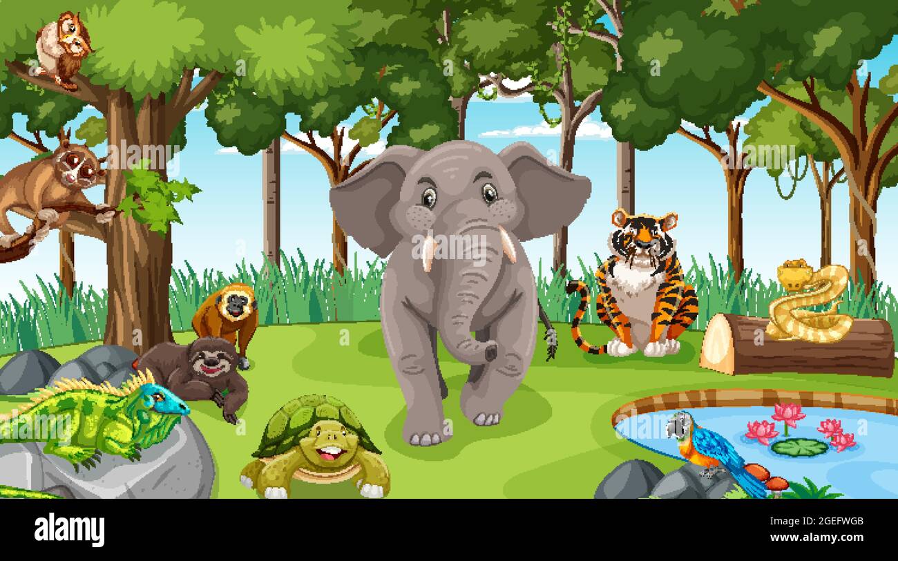 Wild animals in forest scene with many trees illustration Stock Vector ...
