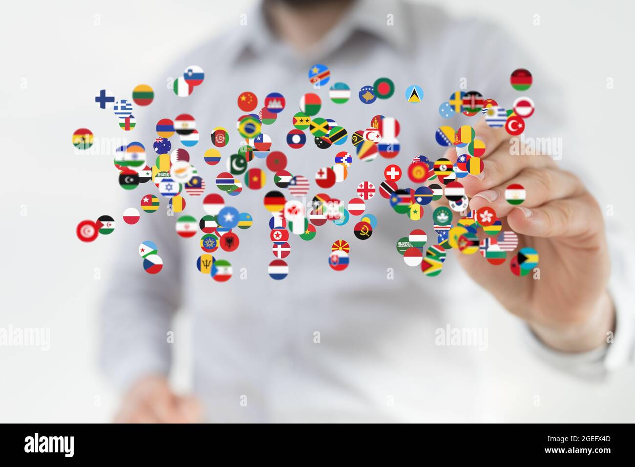 Interconnected network of international flag icons- global cooperation ...