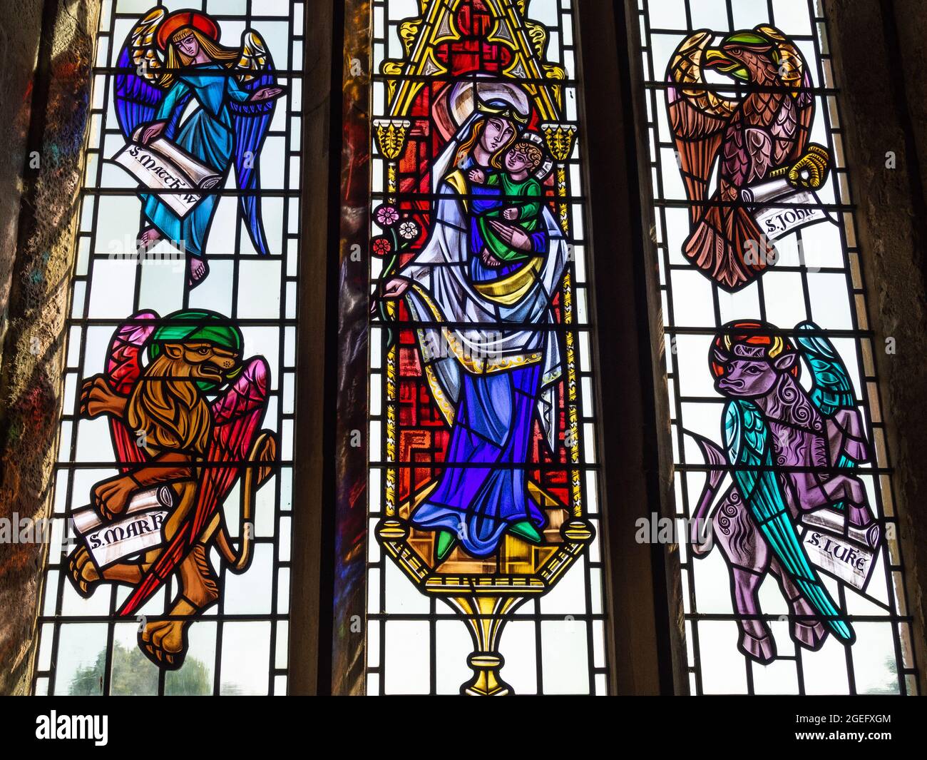 Stained glass window in the 14th century decorated church of St Mary ...