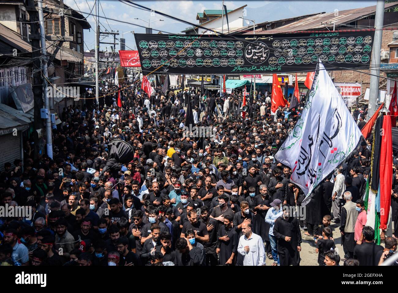 An aerial view of Kashmiri Shia mourners during the Ashura procession ...