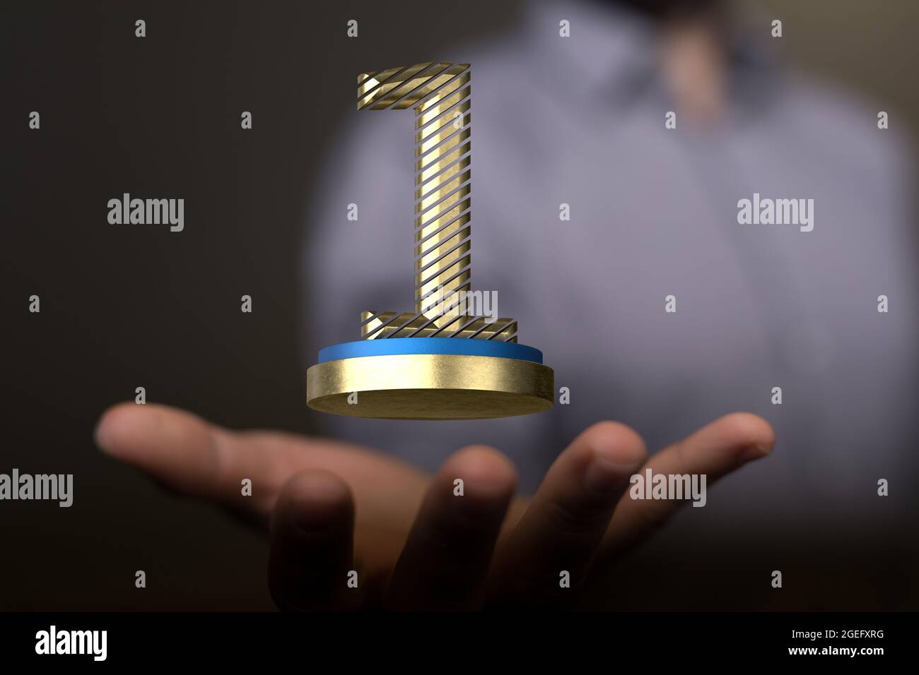 Hand holding a 3D render of a first place trophy Stock Photo - Alamy
