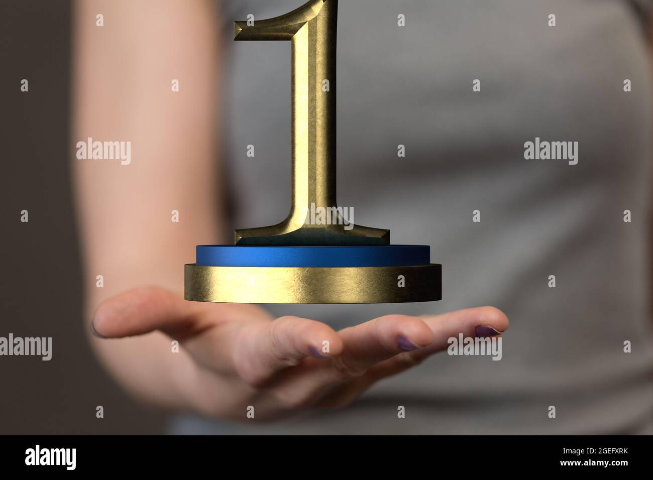 Hand holding a 3D render of a first place trophy Stock Photo - Alamy