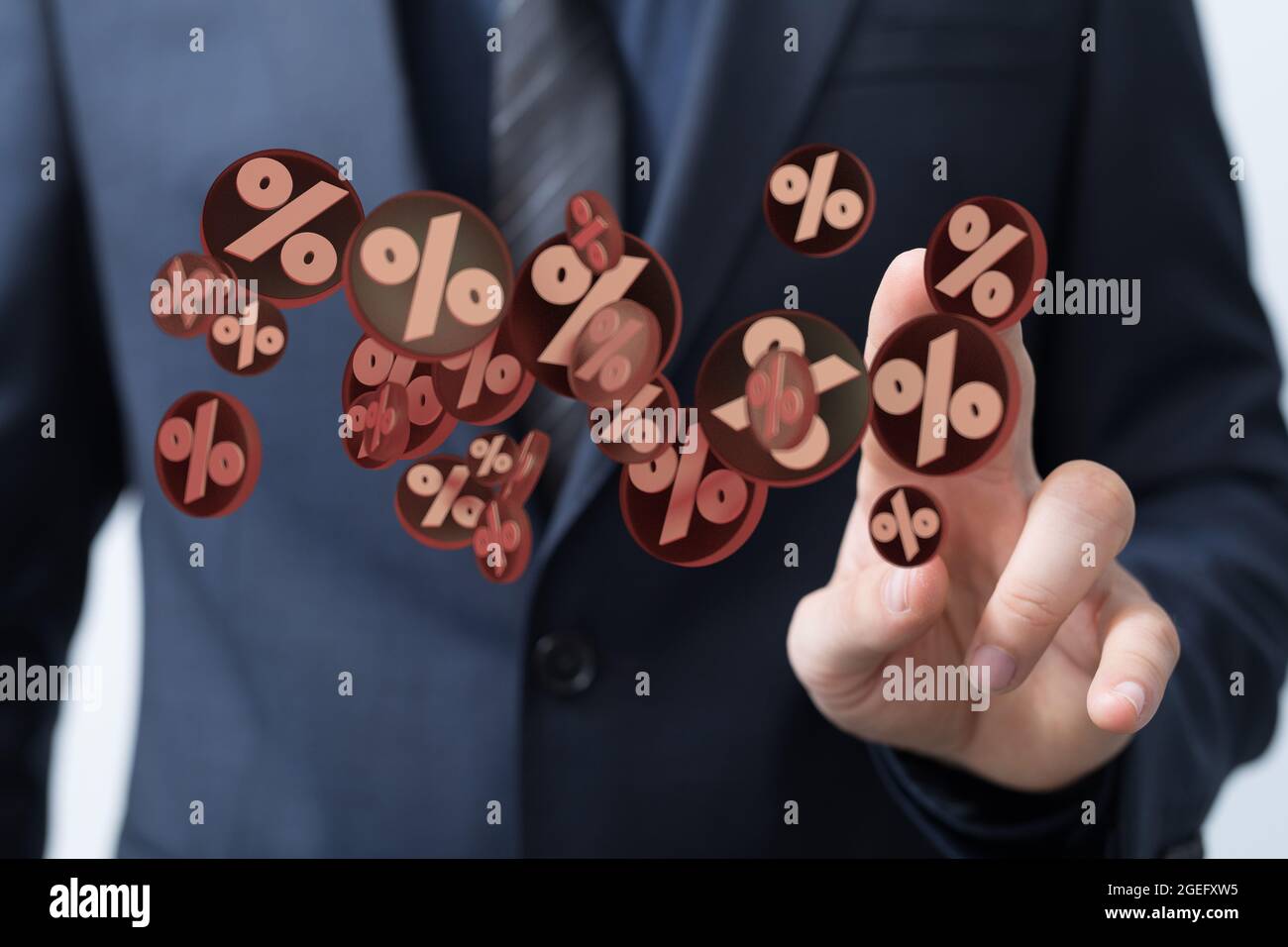 Person's hand reaching to 3D rendered percentage signs Stock Photo - Alamy