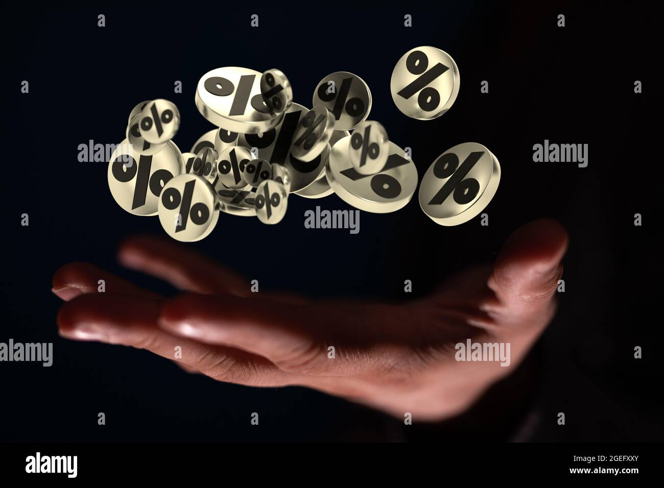 Hand holding a floating network of digital percentage signs- sale ...