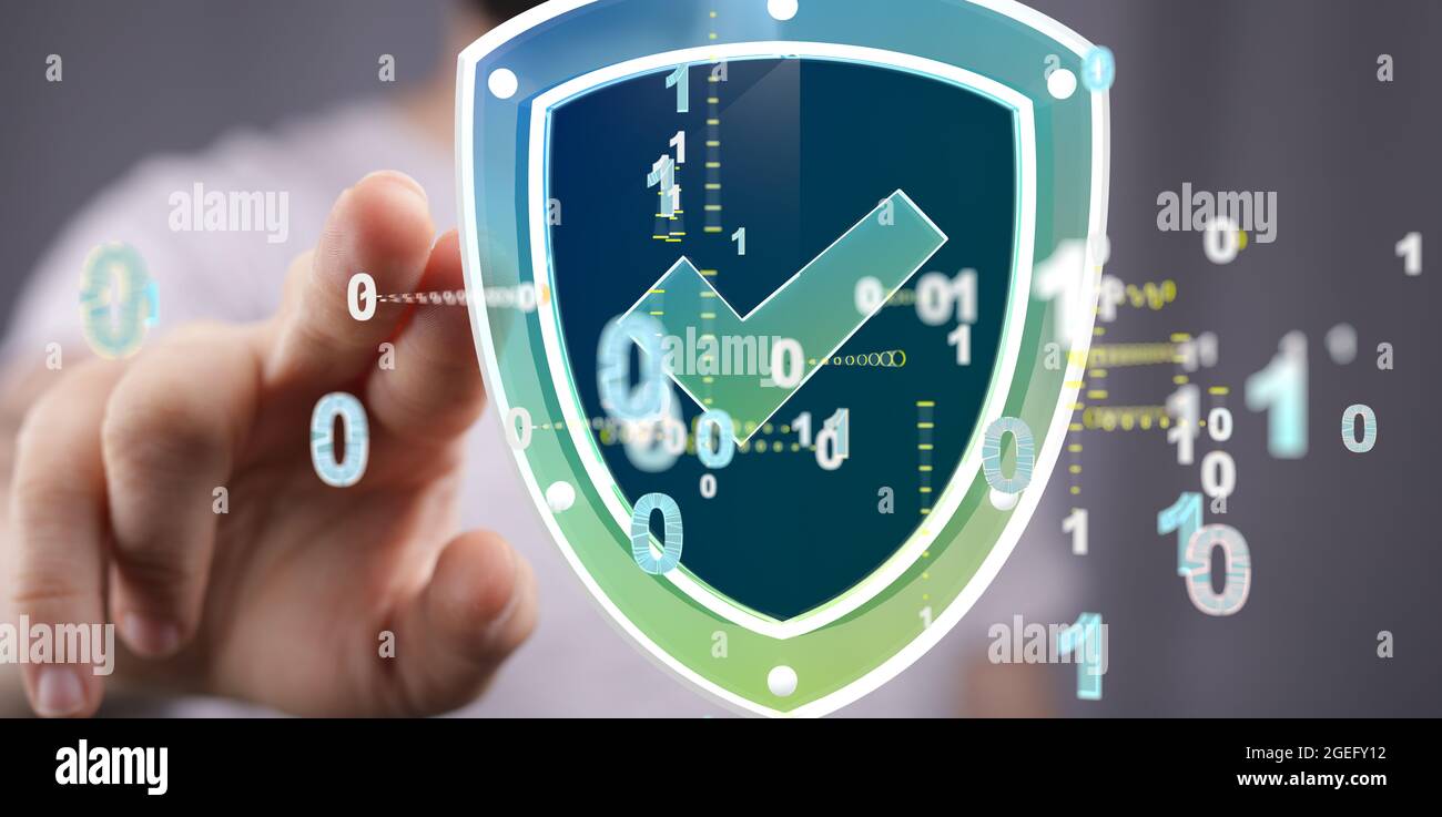 Person's hand reaching to 3D rendered numbered shield Stock Photo - Alamy