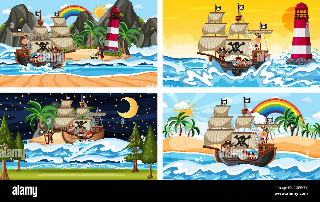 Set of different beach scenes with pirate ship illustration Stock ...