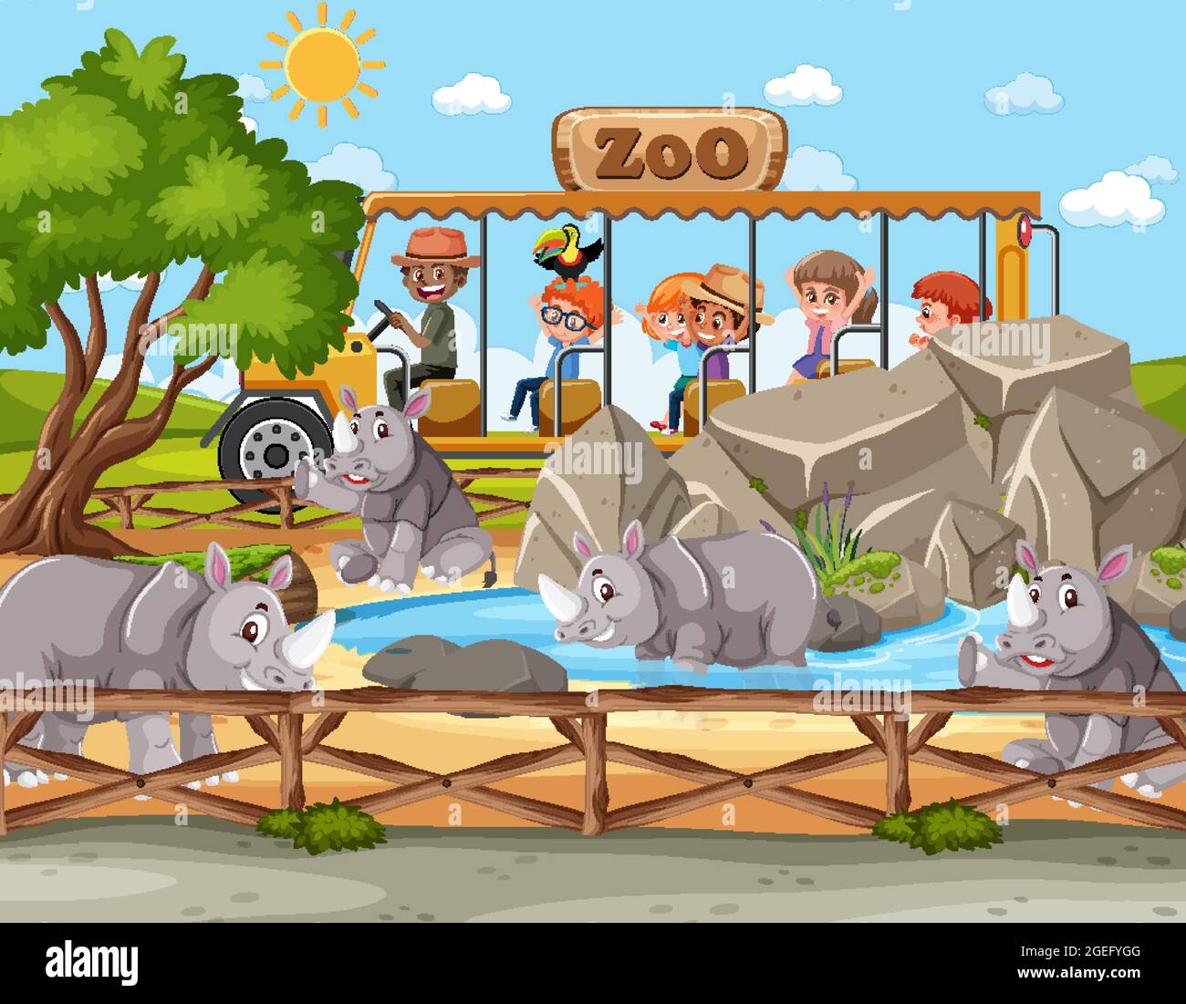 Children on tourist car watching rhinoceros group in the zoo scene ...