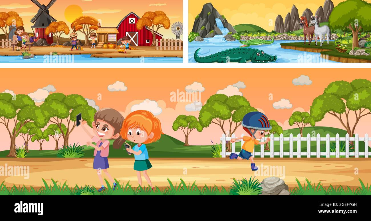 Outdoor panoramic landscape scenes set with cartoon character ...