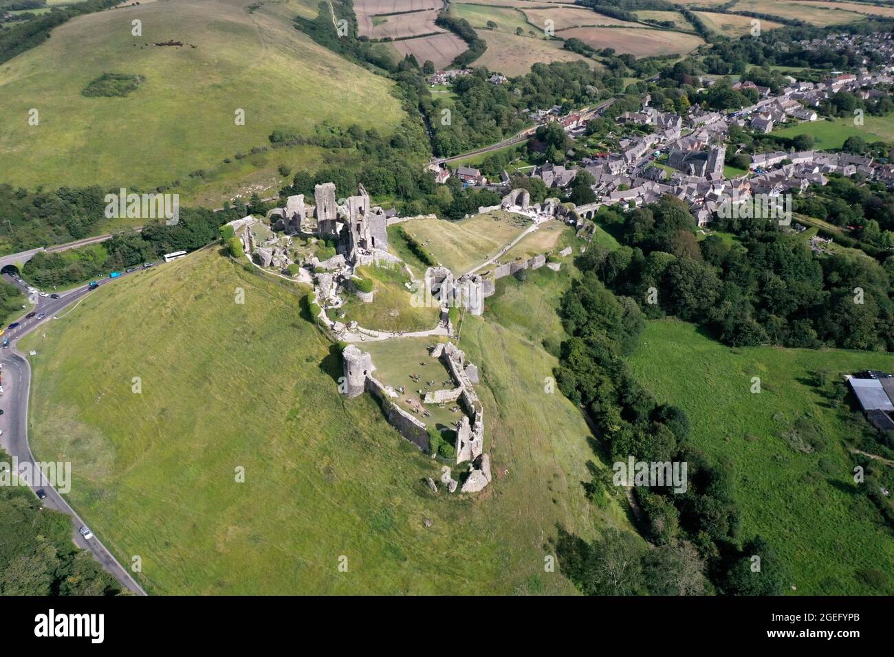 Aerial view of Corfe Castle, Dorset UK Stock Photo - Alamy