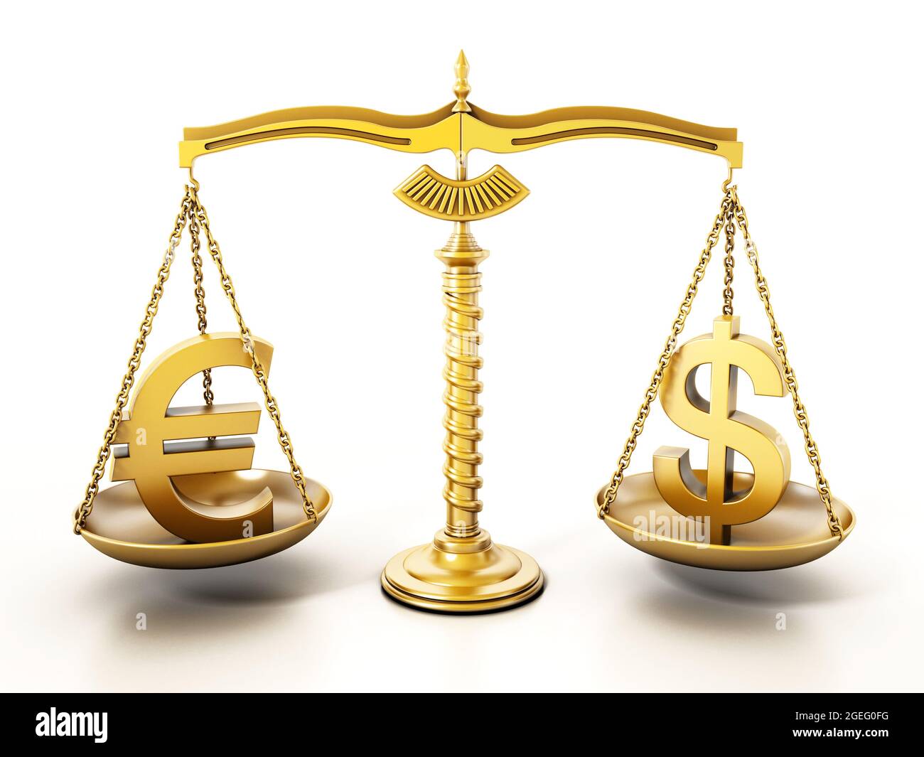 Golden Euro and Dollar signs standing on the scales of a balanced scale ...
