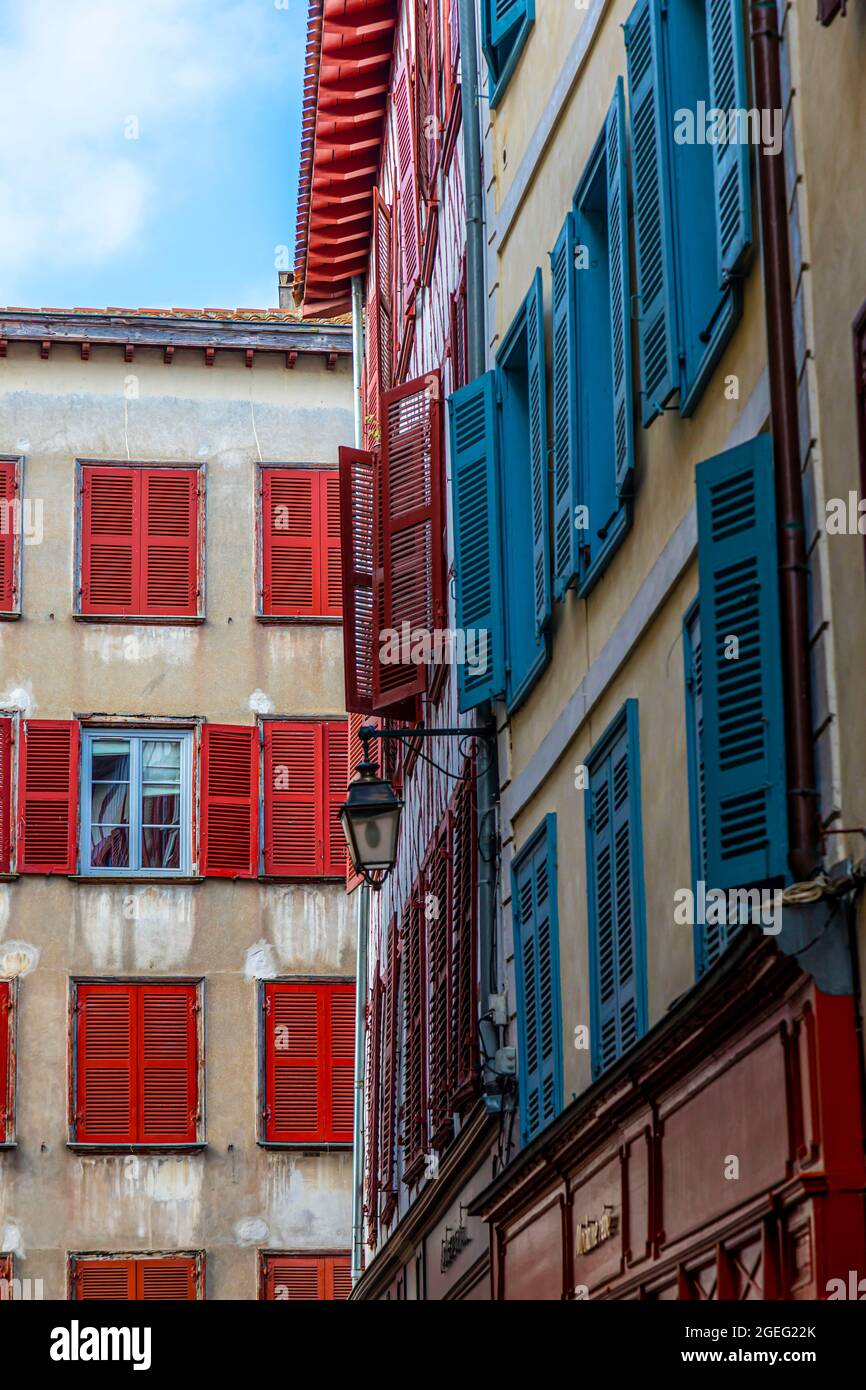 Bayonne (south western France): detail of typical building facades with ...