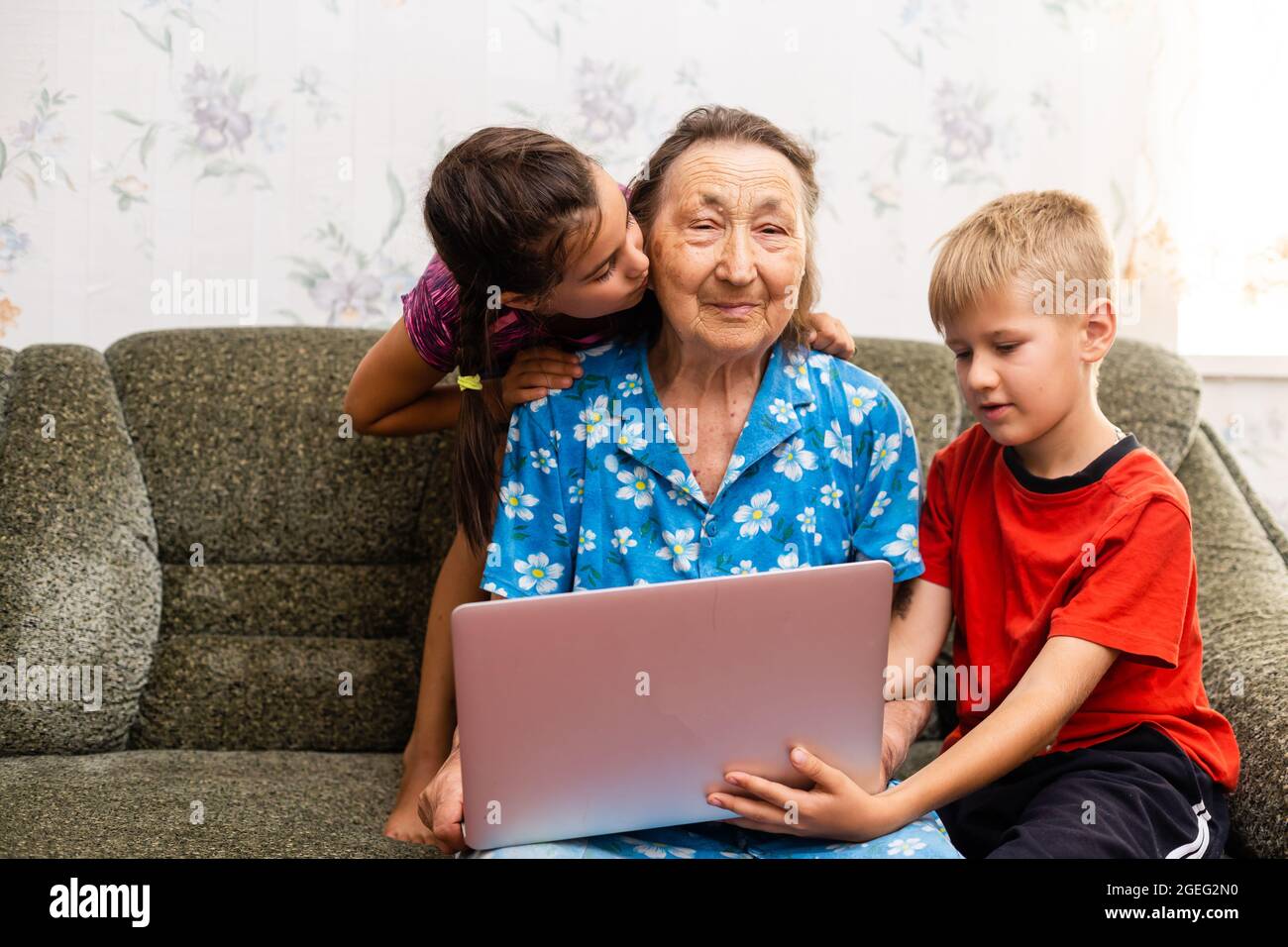 Great-grandmother with children. Family. school kid boy and little ...