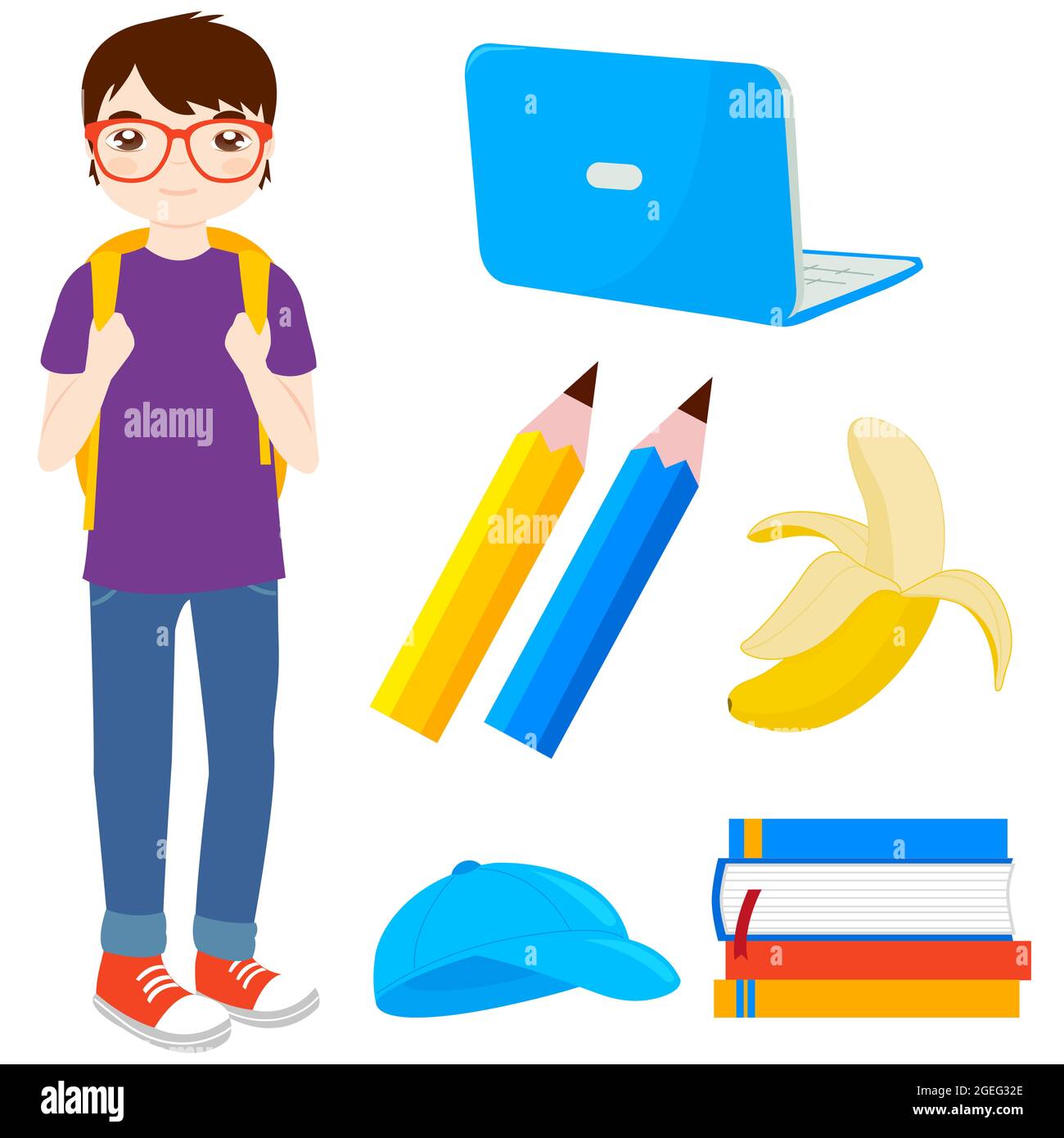Student boy and set of school objects. Illustration set Stock Photo - Alamy