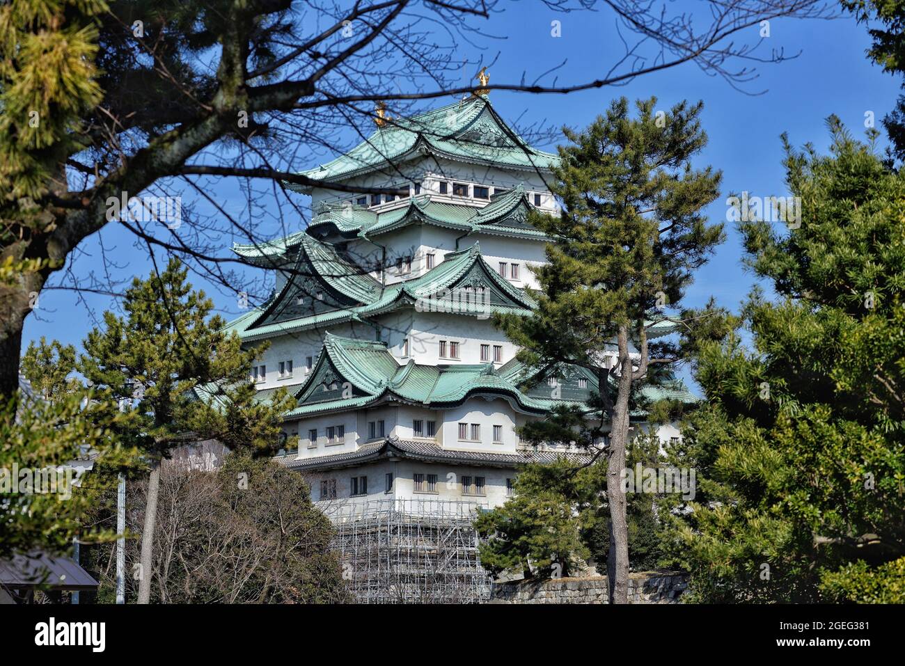Vertical shot of Nagoya Castle in Japan under blue sky on a spring day ...