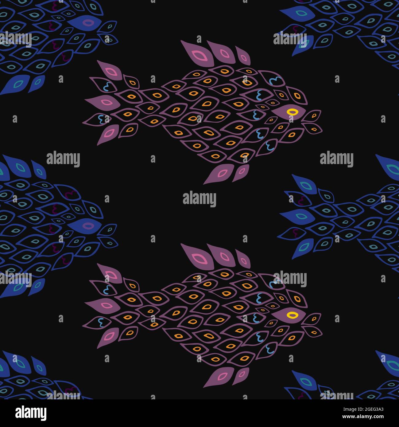 Unusual handdrown pink and blue fish seamless pattern. Fish made of ...