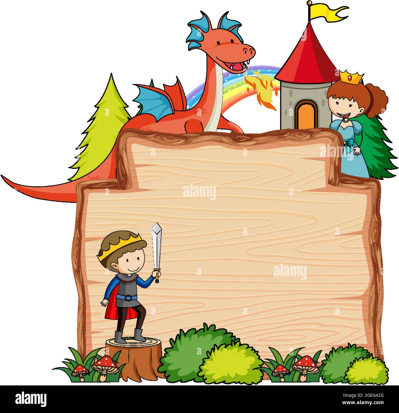 Blank wooden banner with fantasy cartoon character isolated ...