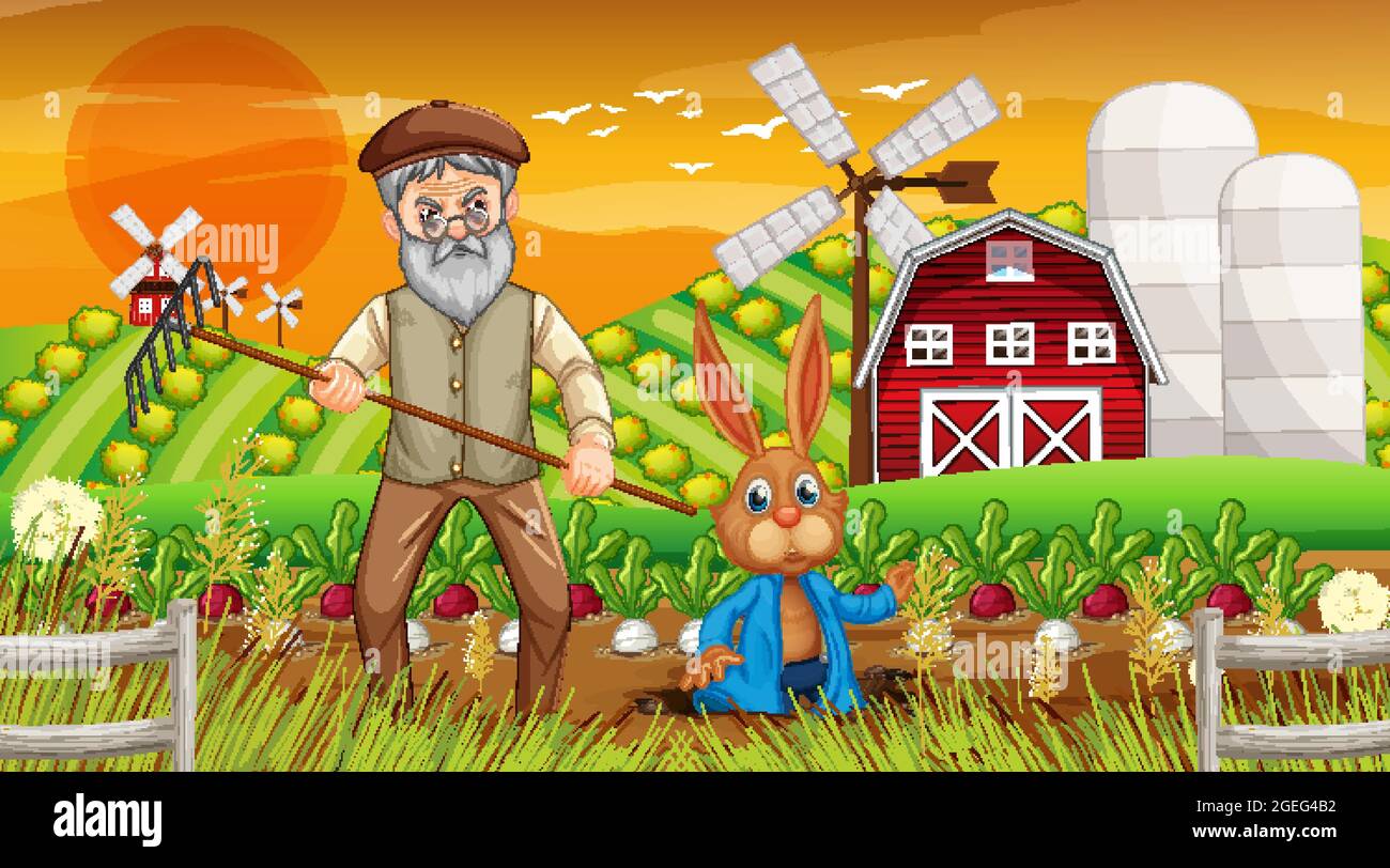 Farm at sunset time scene with old farmer man and a rabbit illustration ...