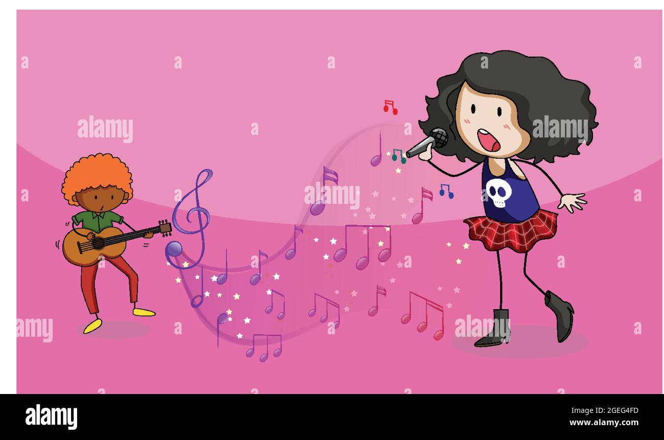 Doodle cartoon character of a singer girl singing with musical melody ...