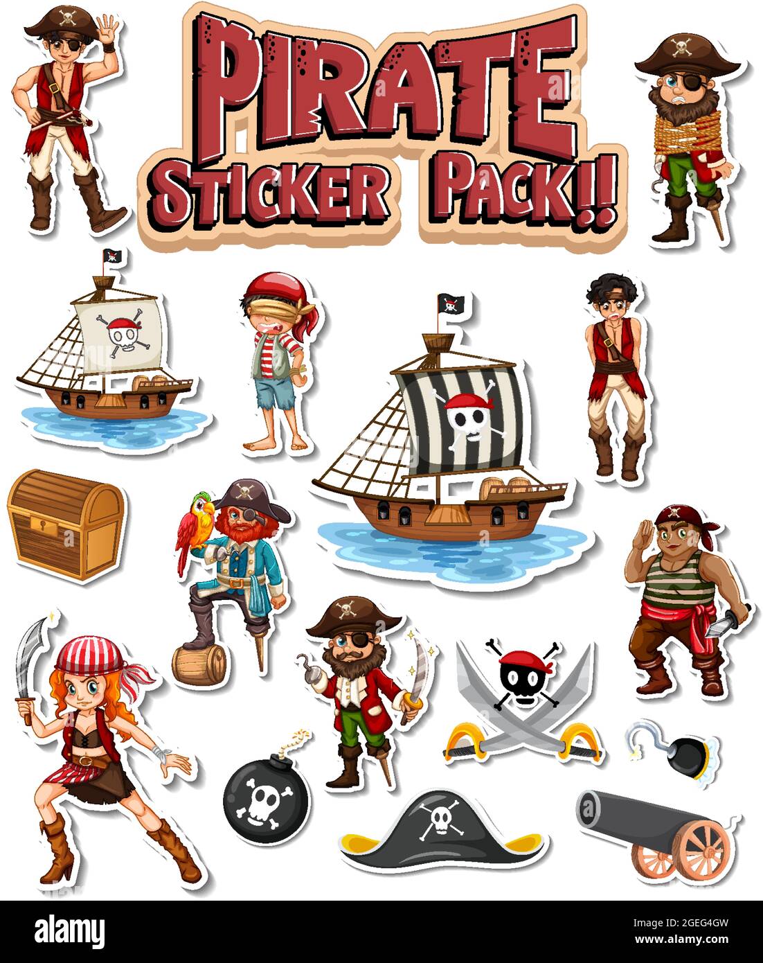 Pirate sticker pack set with cartoon character isolated illustration ...