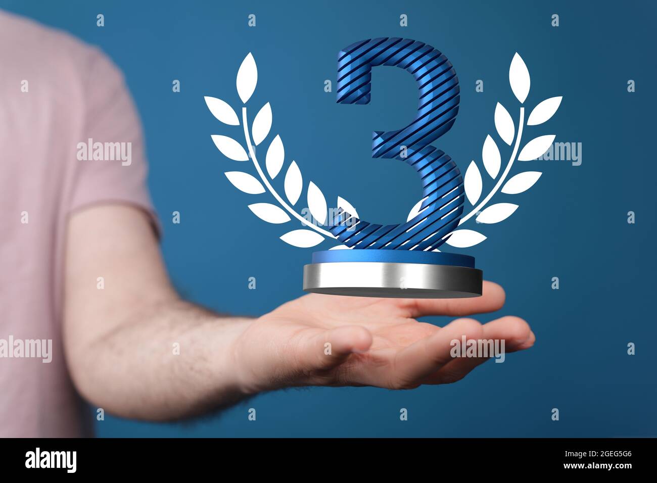 Hand holding a 3D render of a third place trophy Stock Photo - Alamy