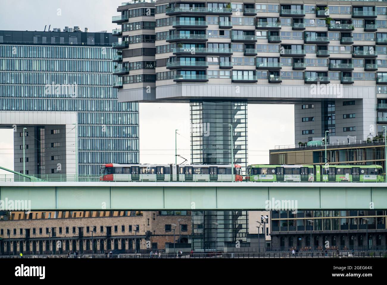 Tram line 4 on the Severinsbrücke over the Rhine, crane houses in ...