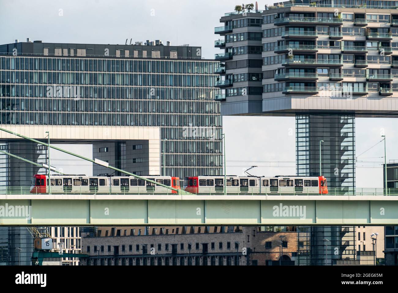 Tram line 4 on the Severinsbrücke over the Rhine, crane houses in ...