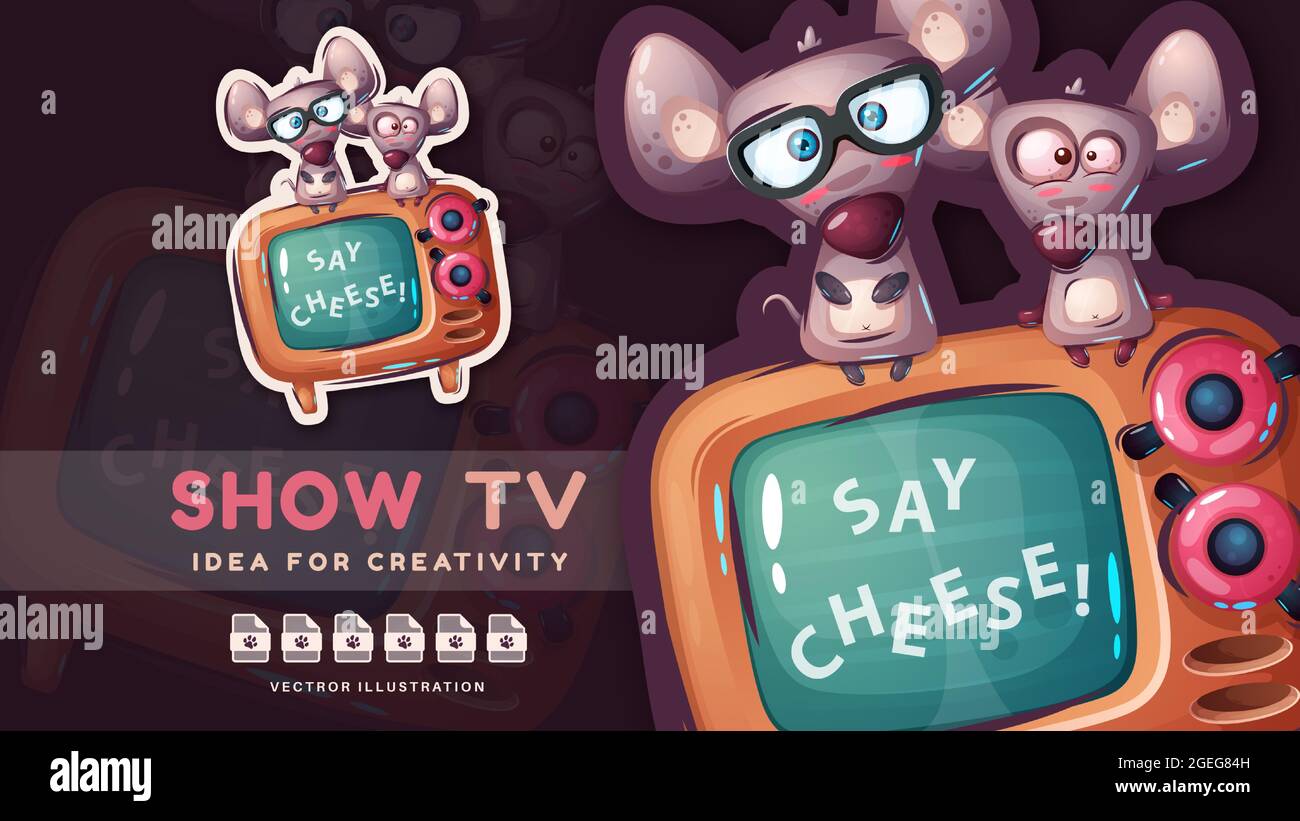 Cartoon character funny rat show tv - pretty sticker. Vector eps 10 ...