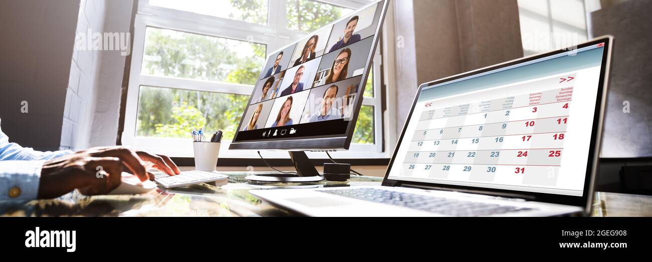 Telecommuting On Desktop Office Computer. Video Telework Banner Stock ...