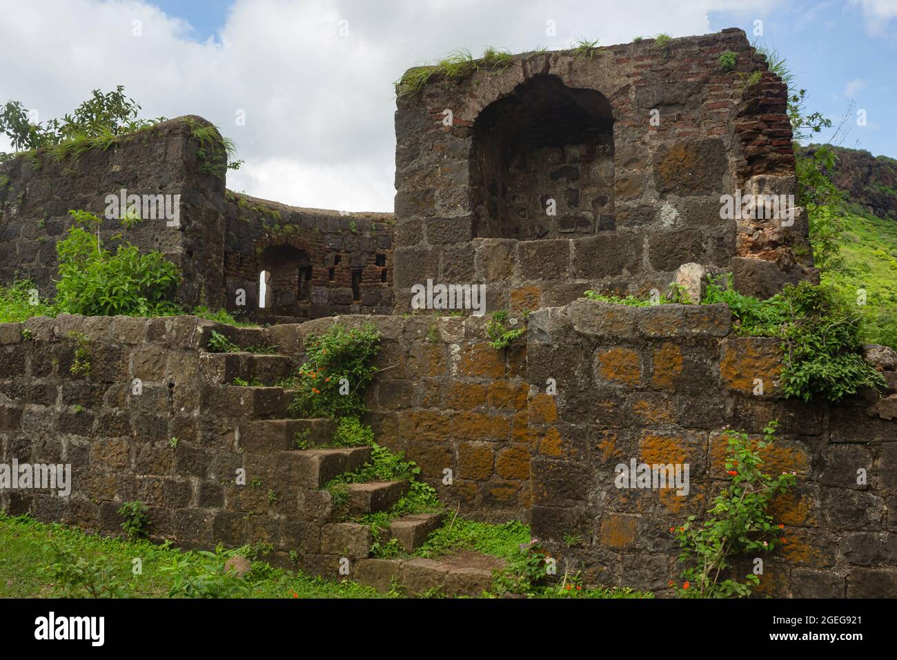 Inside view of old ruined protection wall of Dhodap fort, Nashik ...