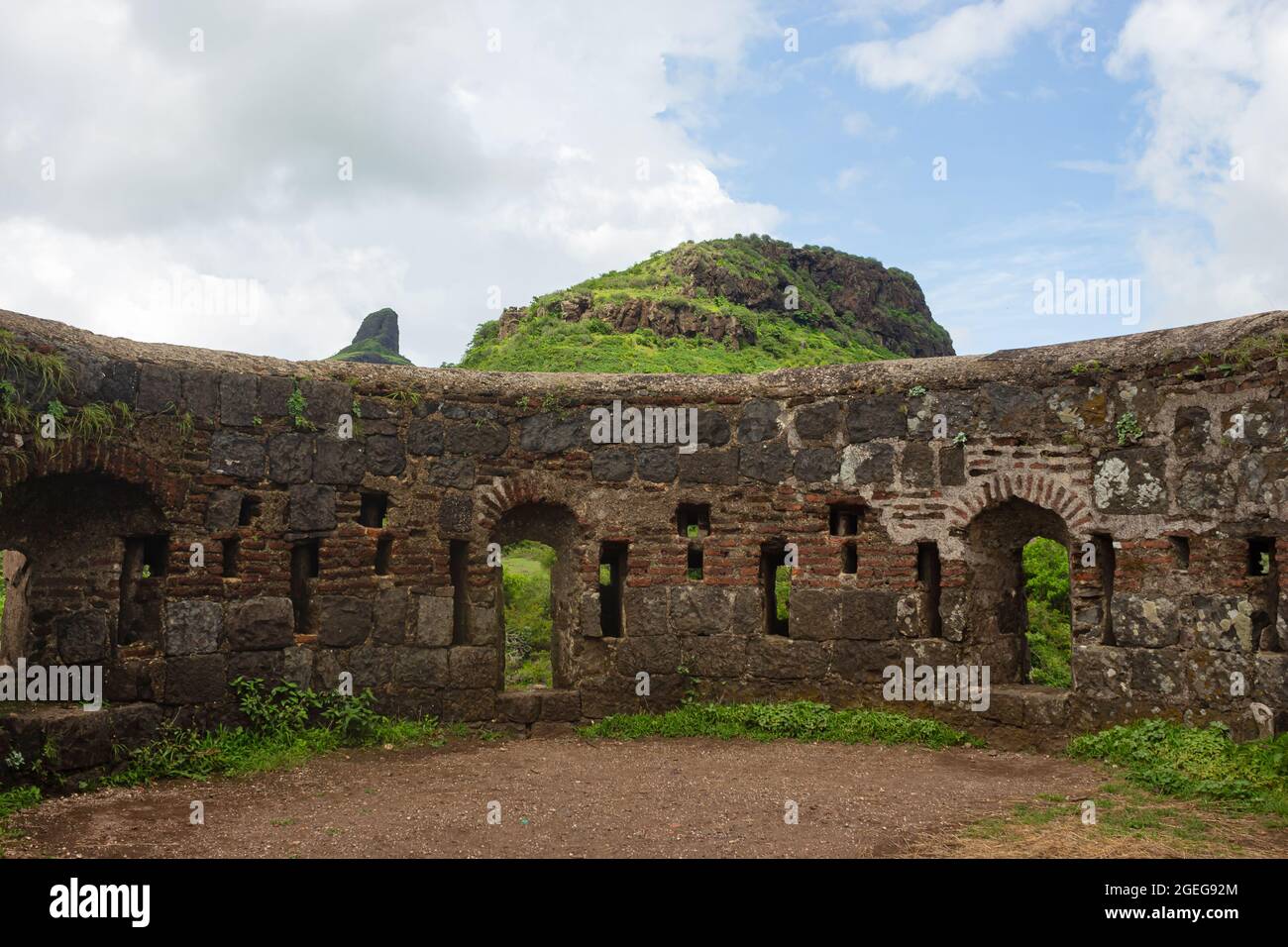 Inside view of old ruined protection wall of Dhodap fort, Nashik ...