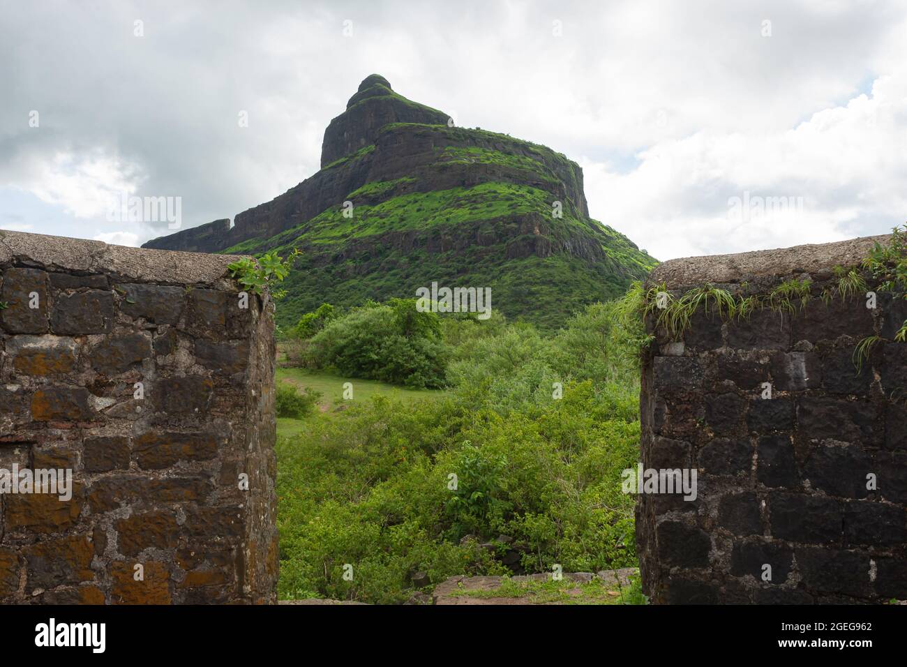 Inside view of old ruin protection wall and top view of Dhodap fort ...