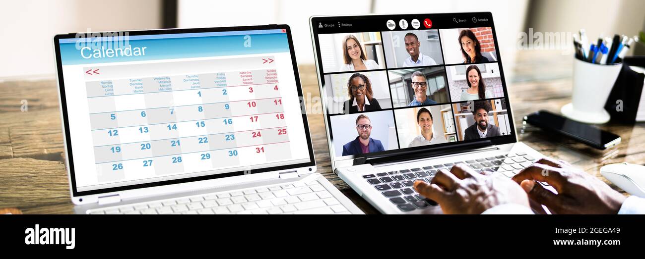 Telecommuting On Desktop Office Computer. Video Telework Banner Stock ...