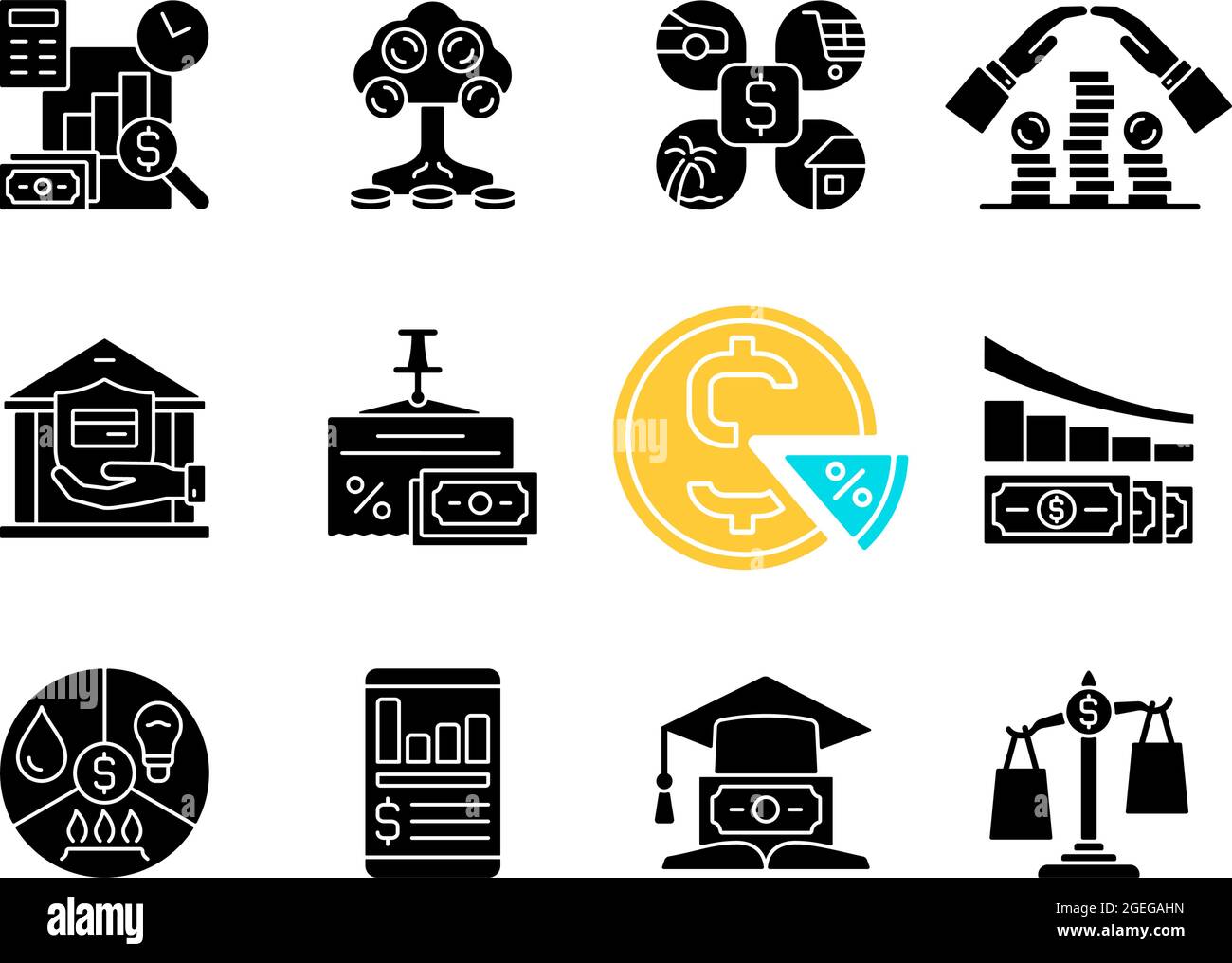 Financial literacy black glyph icons set on white space Stock Vector ...